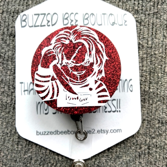 Handmade | Accessories | Chucky Halloween Scary Face Retractable Name ...